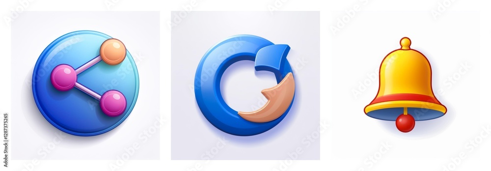 Glossy 3D icons depict share connection with nodes, circular refresh ...