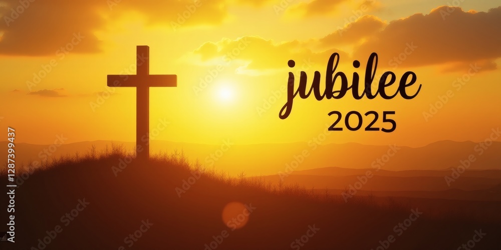 Jubilee 2025 Christian, cross in a golden sunrise landscape with year ...