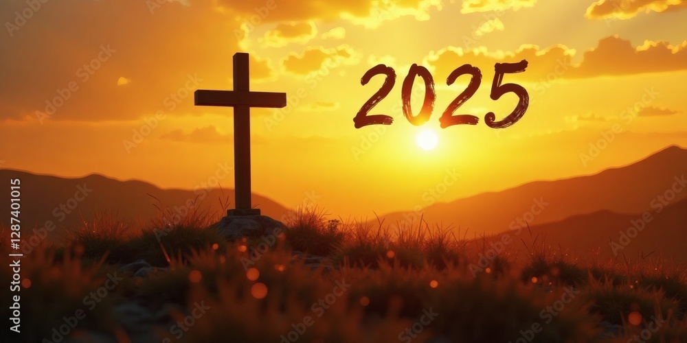 Jubilee 2025 Christian, cross in a golden sunrise landscape with year ...