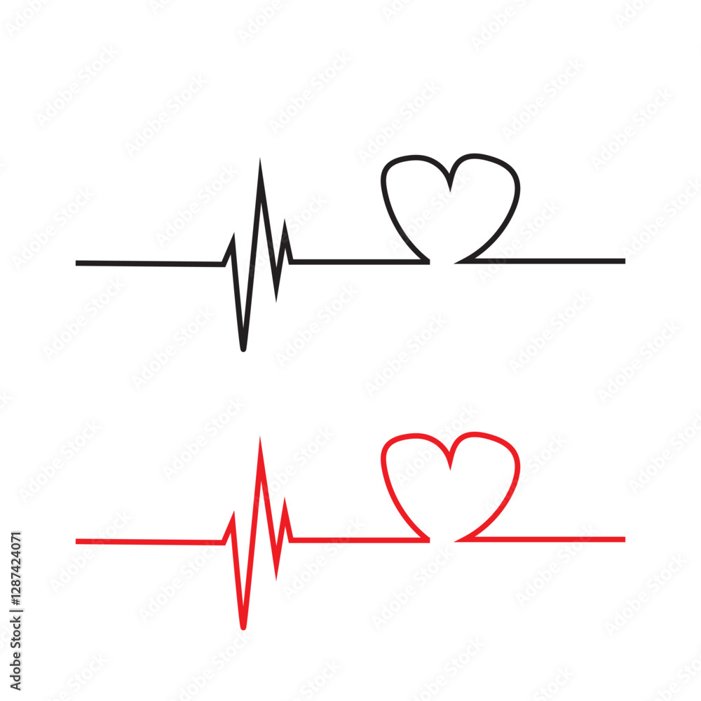 Red and black heartbeat line collection with heart symbol, cardiology ...