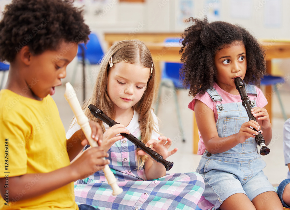 Group, kids and play with instruments in classroom for creative ...