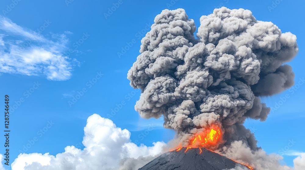 Natural disasters design. Volcanic eruption with ash plume and lava ...
