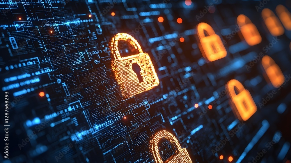 Network security background diagram of interweaving digital codes and encryption locks Stock ...