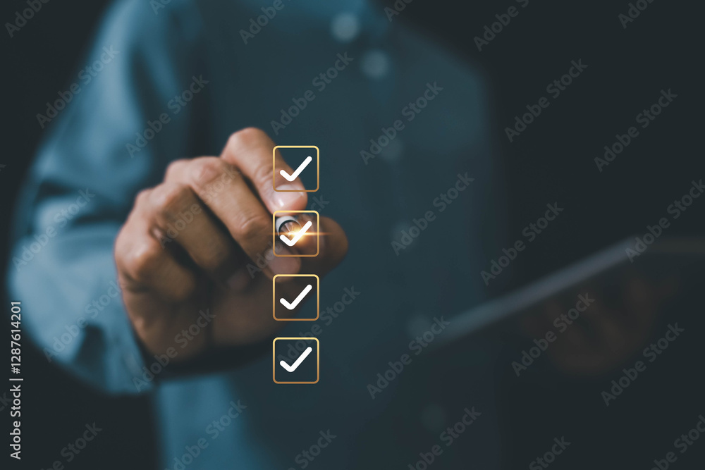 Digital and smart checklist document concept . businessman using Online survey filling out ...