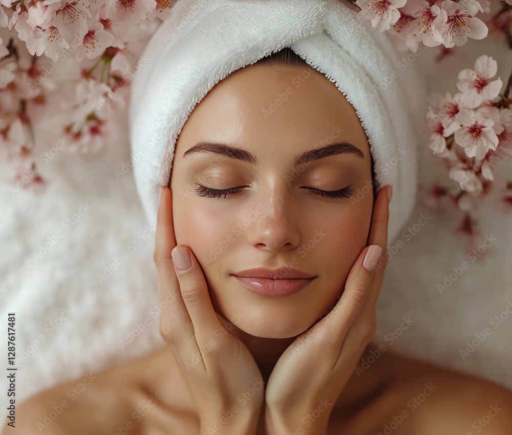Young woman receiving a facial massage with cherry blossoms in ...