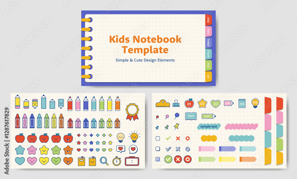 Spiral notebook with index tabs template and cute stationery design ...