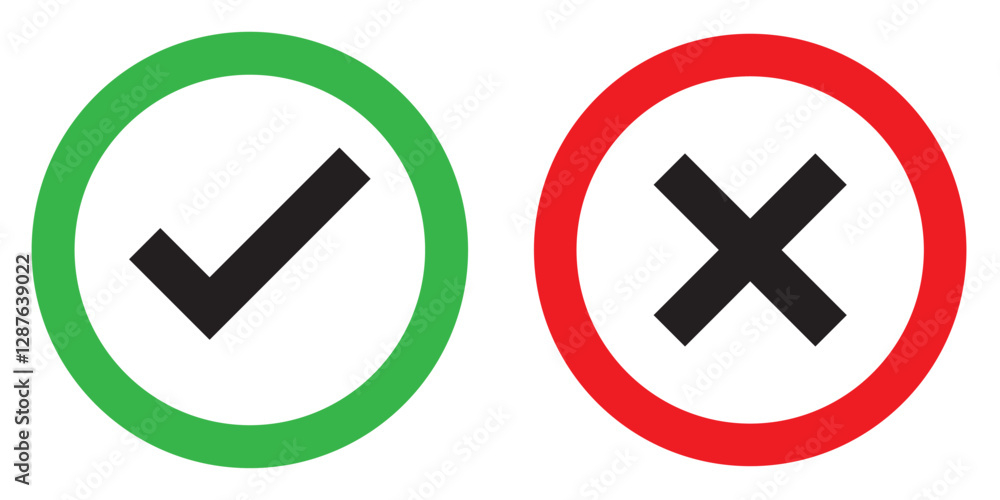 Check mark and red cross mark icon set. Isolated tick and cross symbols ...