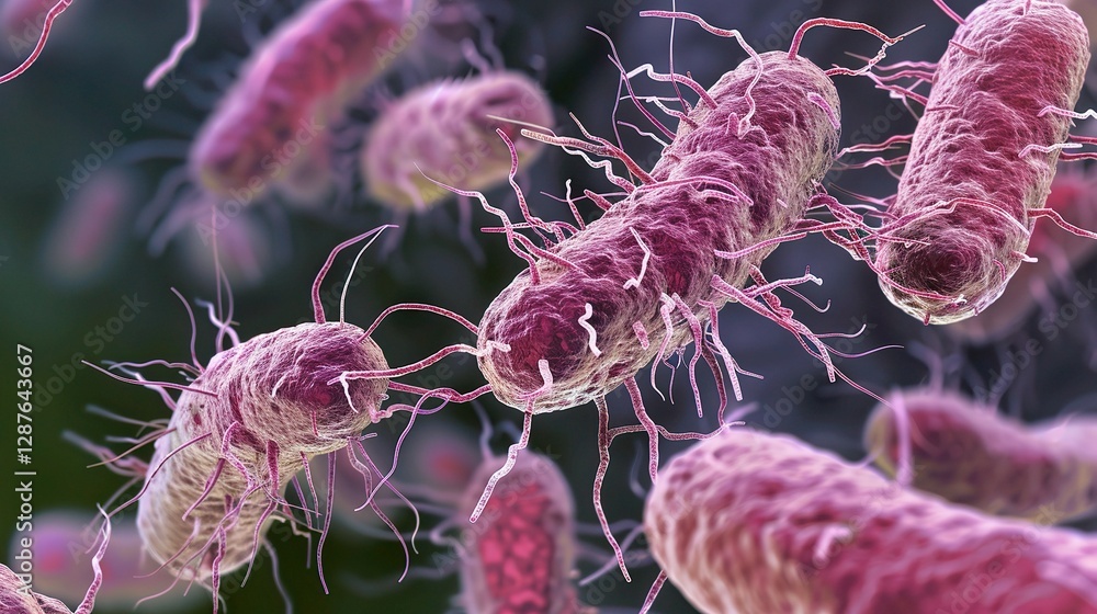 A detailed microscopic view of Salmonella bacteria is shown in the ...