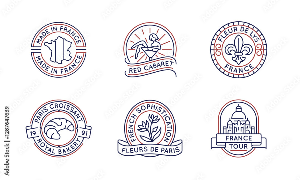 French culture and landmarks logos, labels, icons. A set of 6 french ...