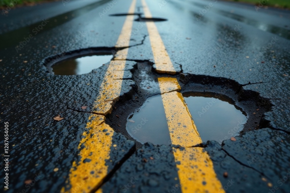 Severely damaged asphalt roadway surface with multiple potholes filled ...