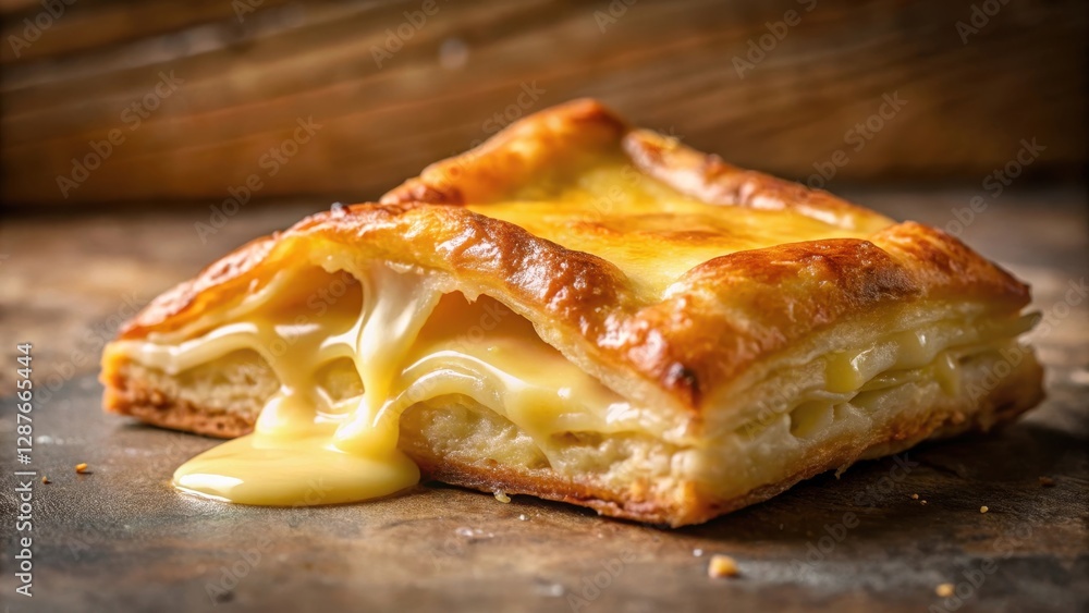 Tiny slice of golden brown cheesy pastry with flaky edges and melted ...