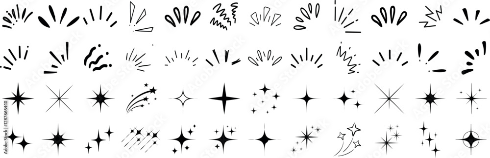 Doodle line sparkle vector set, hand drawn shining stars, comic burst ...