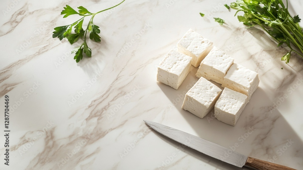 Minimalist presentation of freshly cut tofu blocks, precise knife work ...