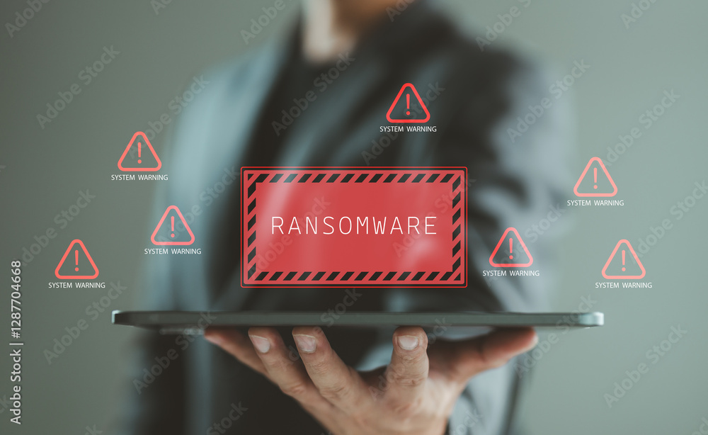 Malware attack virus alert. Person use tablet with virtual warning sign ...