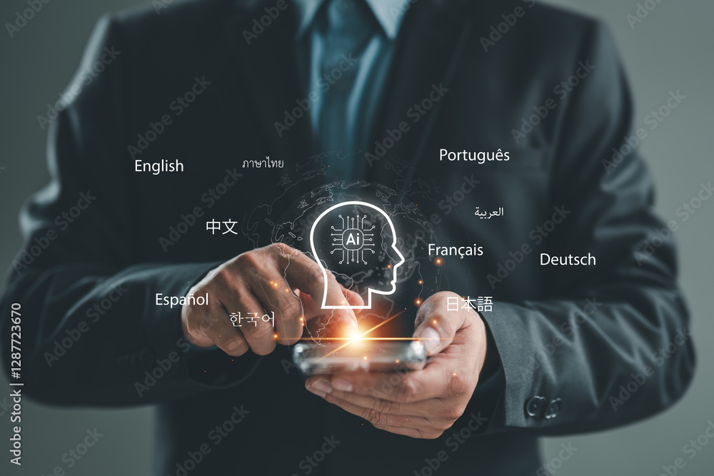 Ai technology application, Automatic translation system concept. Person ...