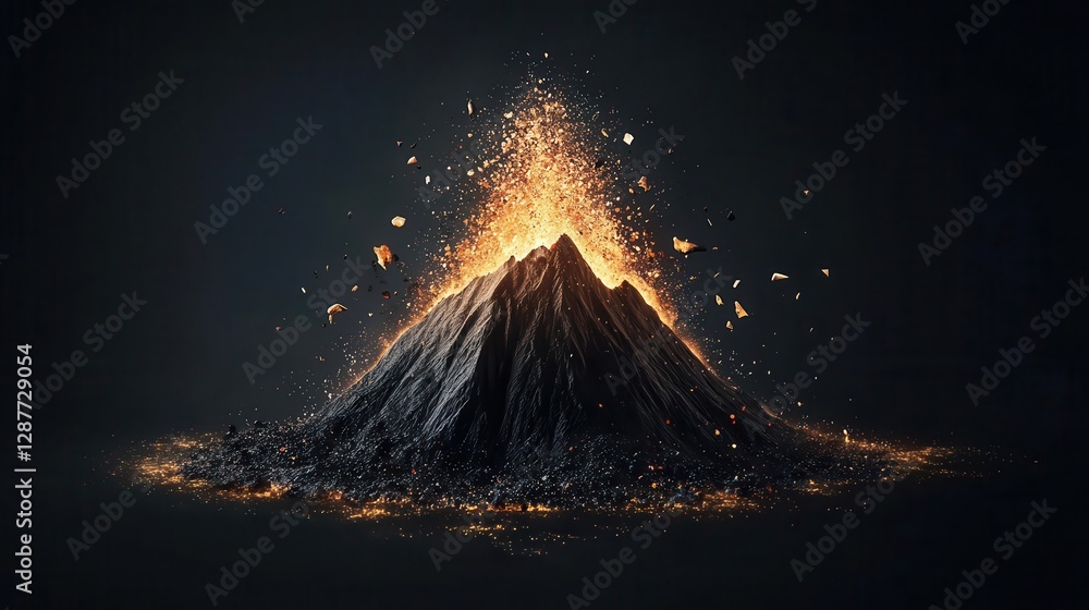 Erupting volcano with fire and lava explosions, isolated for ...