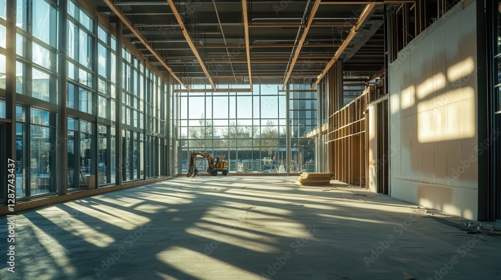 construction of an urban library, with large windows and spacious ...