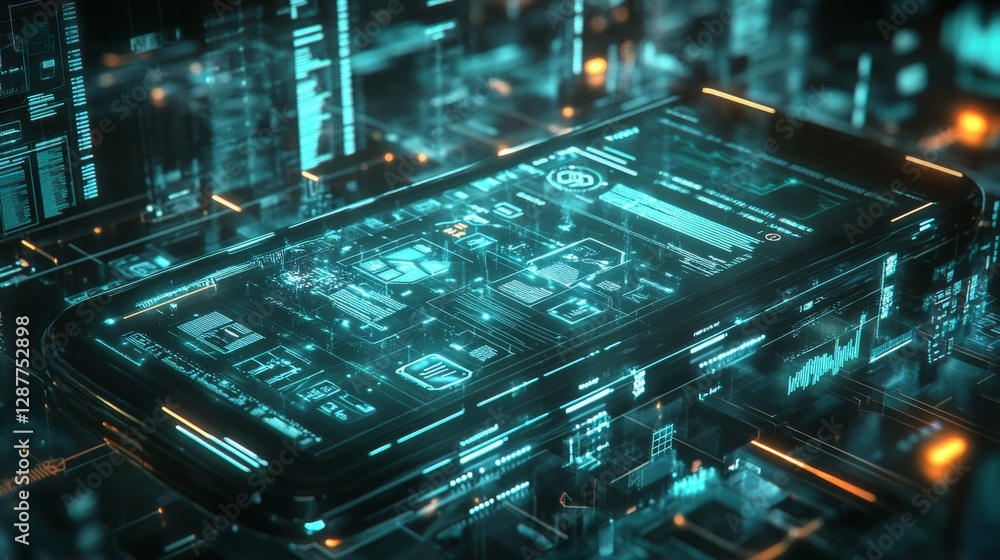 Floating digital banking interface surrounding glowing smartphone ...