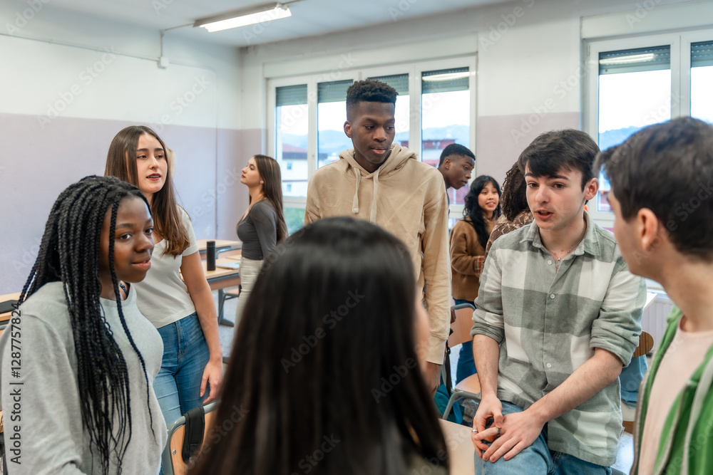 High school students interacting during break time in classroom Stock ...