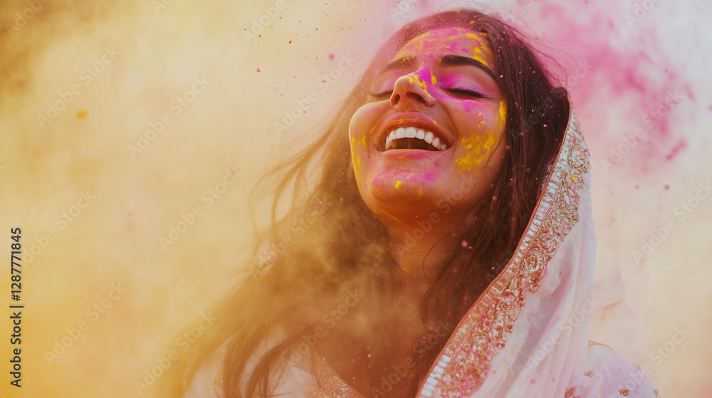 Indian woman in traditional dress playing Holi festival of colours ...