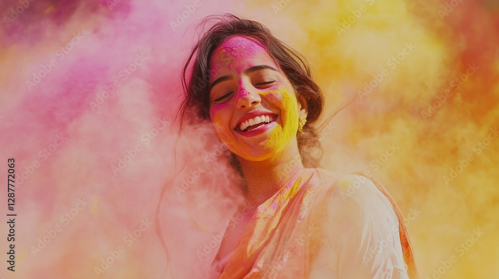 Indian woman in traditional dress playing Holi festival of colours ...