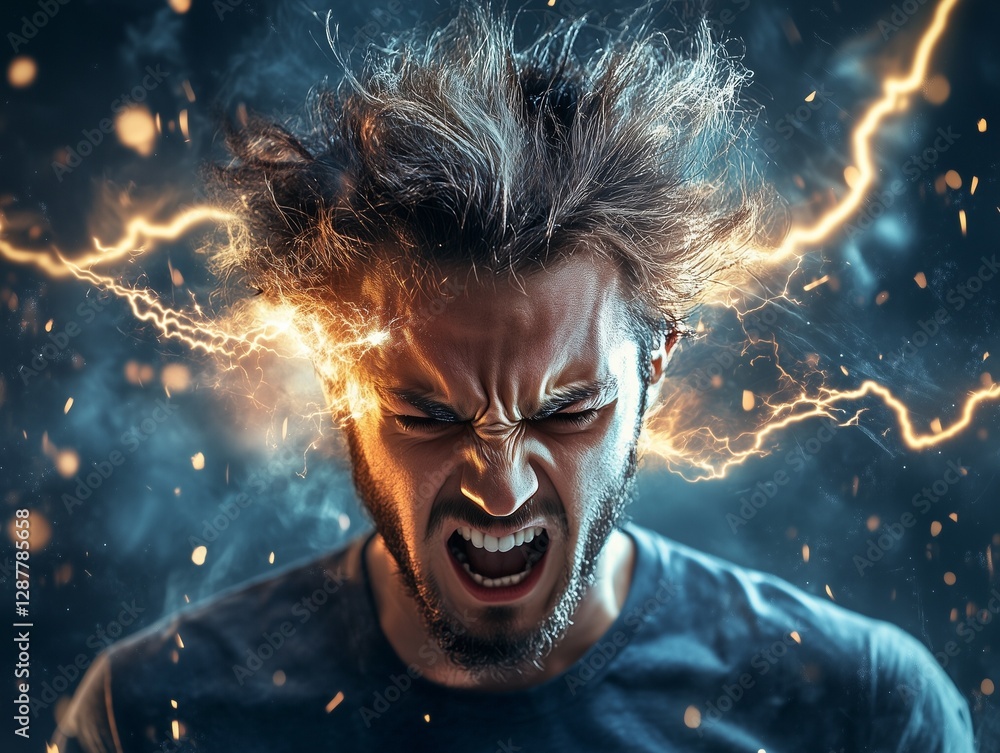 Angry shouting young man with hair emitting electric sparks and smoke ...
