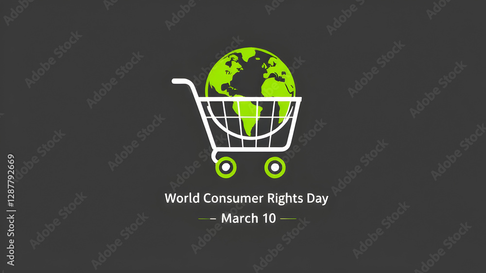 World Consumer Rights Day, shopping cart whit world map and flying bird ...