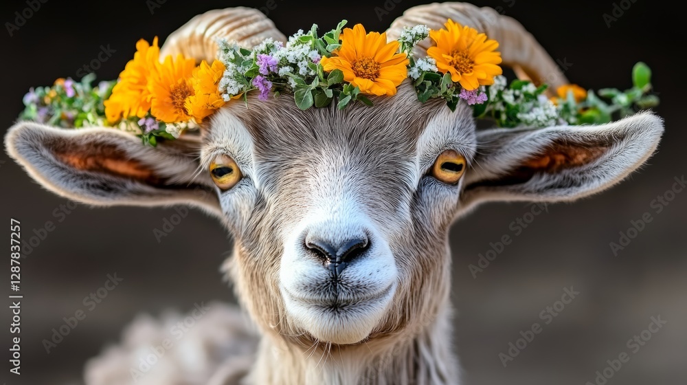 Goat with a flower crown on its head. The goat has a very cute and ...