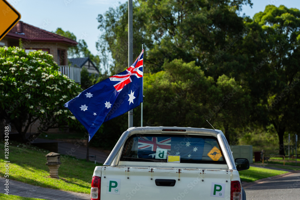 Aussie p plate ute vehicle flying Australian flag for Australia Day ...