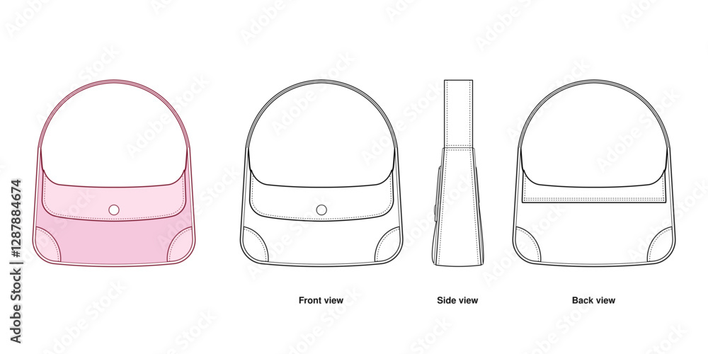 Mini Shoulder Bag Technical Fashion Illustration. Flap Purse Vector ...