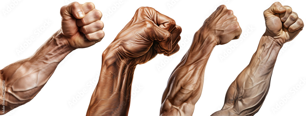 Muscular arm with clenched fist showing strength and power, isolated on ...
