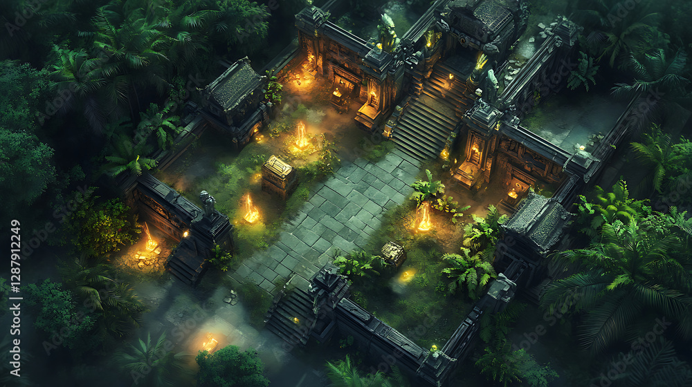 Isometric Game Map of Ancient Ruins in Dense Green Forest at Night with ...