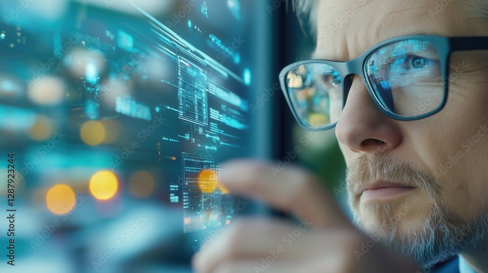 Software engineer working with futuristic transparent display showing ...