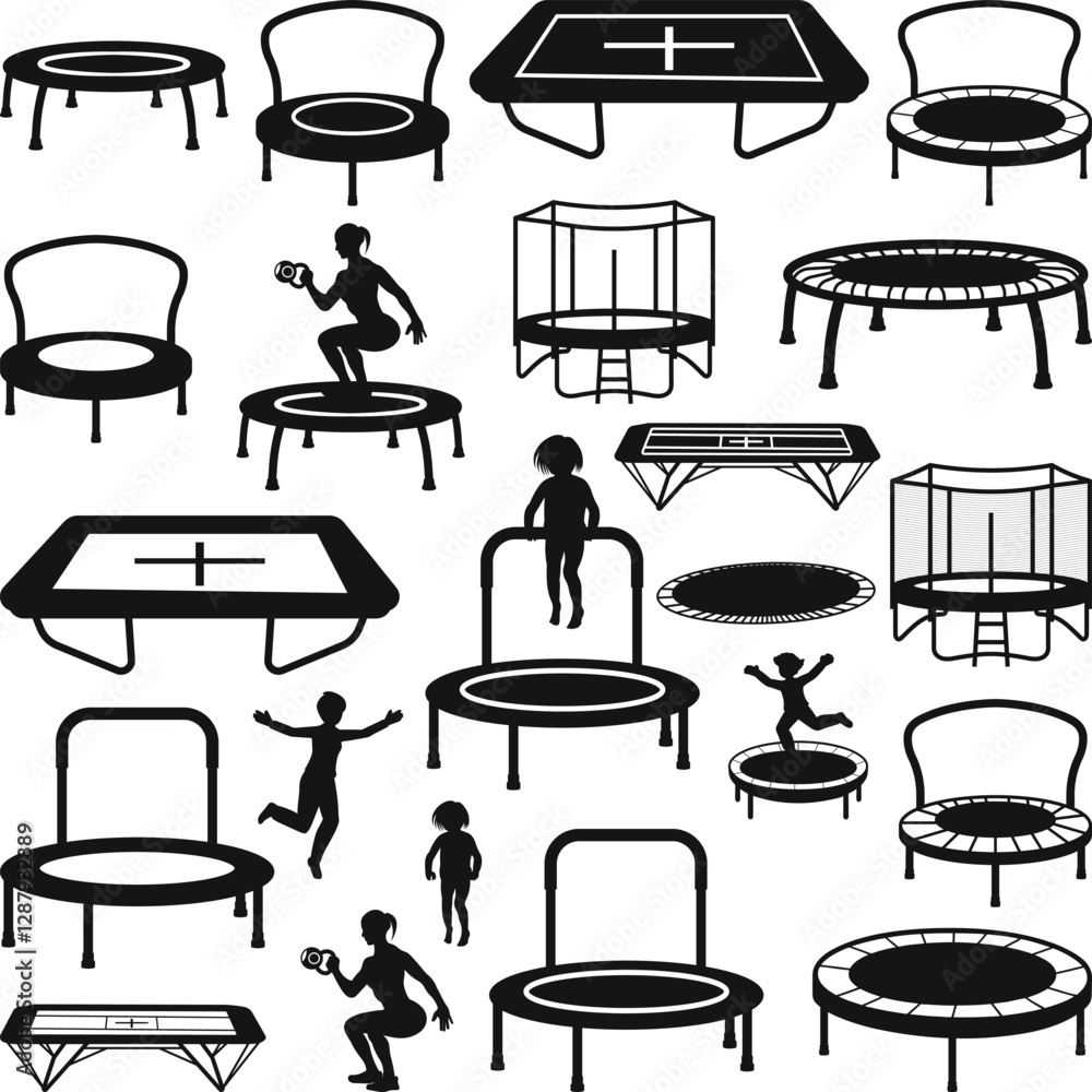 Trampoline Silhouettes Set, Trampoline SVG File Bundle Silhouette, Kids ...
