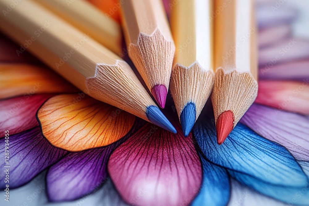 Pencils and a coloring page, where one part is already colored, and the ...
