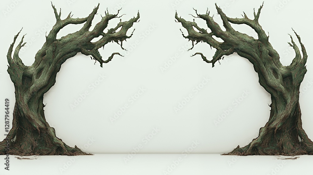 Pair of Twisted Dead Trees Arching Against White Background Stock ...