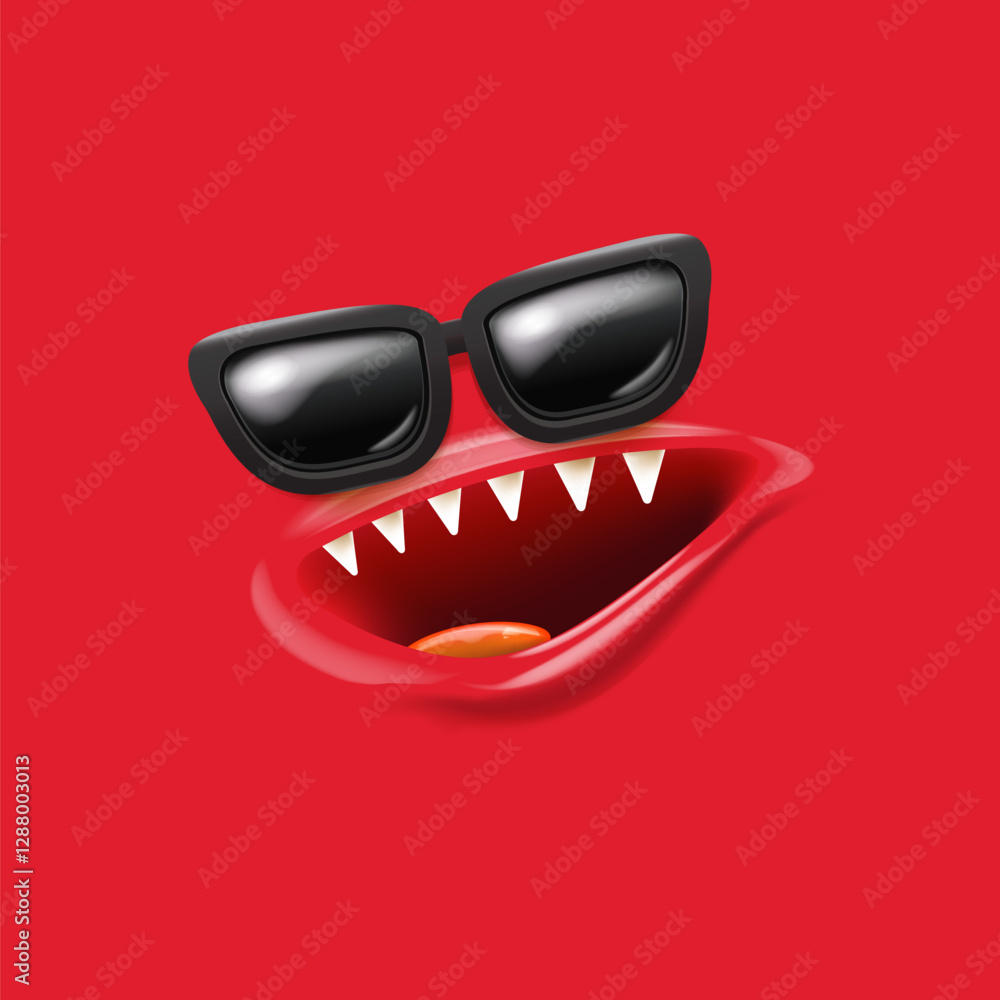 Vector Cartoon red monster face with black vintage sunglasses, open ...