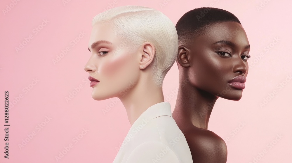 Two women in side profile are set against a brilliant and colorful ...