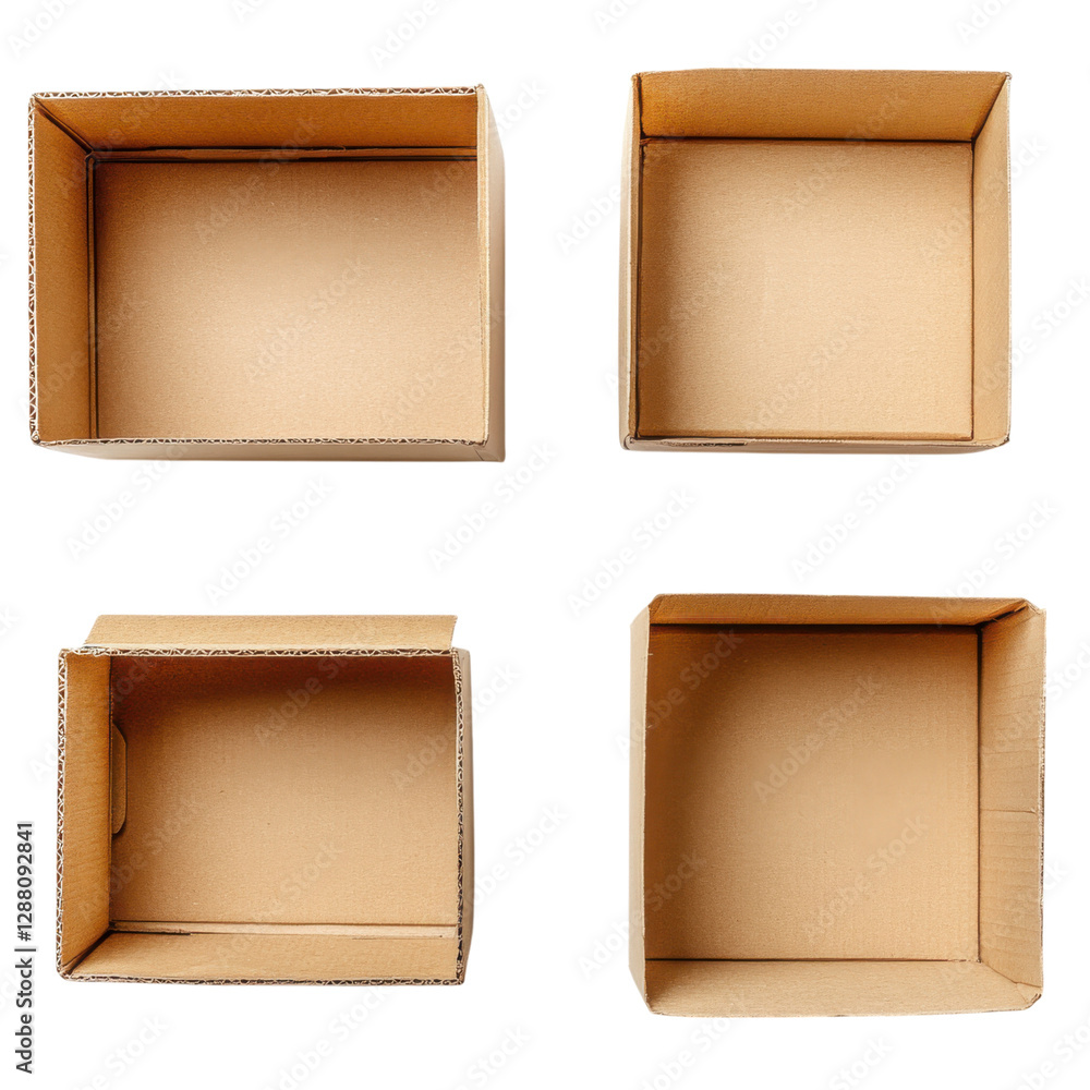 Four cardboard boxes shown from different angles, each with a simple ...