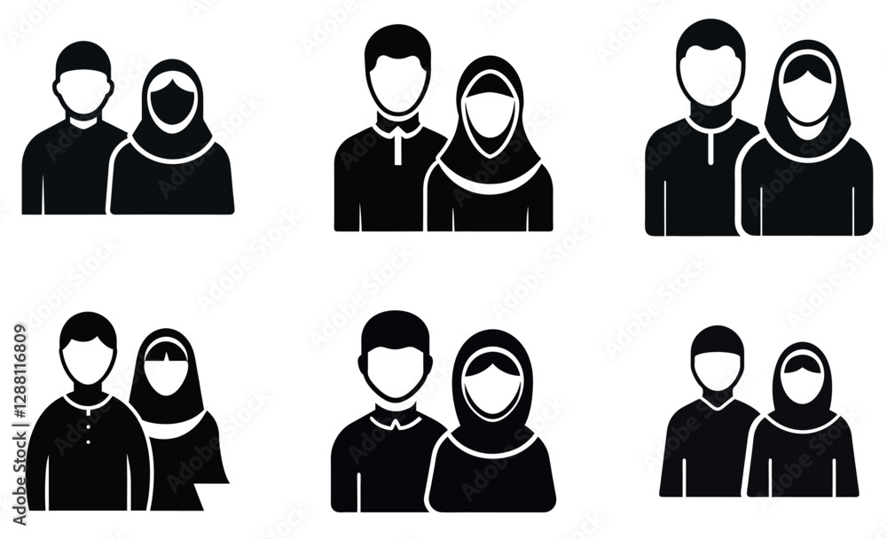 Simple, black and white icons depicting a Muslim couple. Stock Vector ...