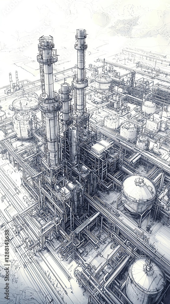 Aerial View Oil Gas Terminal Line drawn concept. Aerial schematicstyle ...