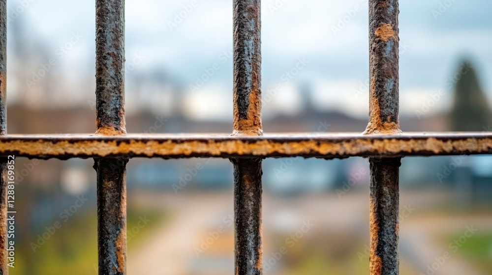 Close-up view of rusty iron bars of a prison cell with blurred outdoor ...