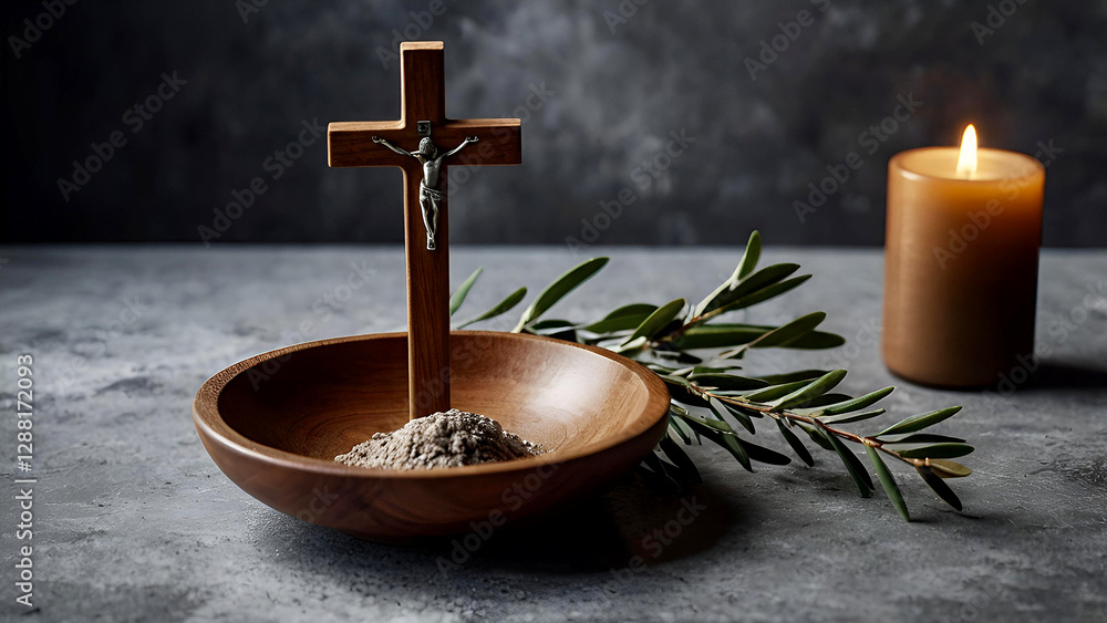 Religion, faith, liturgy, Ash Wednesday. Great lent. A wooden cross, a ...