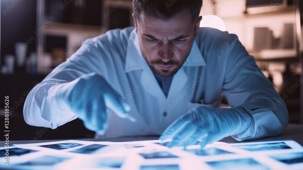 Criminal investigation officer examining a crime scene photograph ...