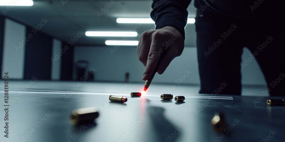 Criminal investigation officer marking bullet trajectories with laser ...
