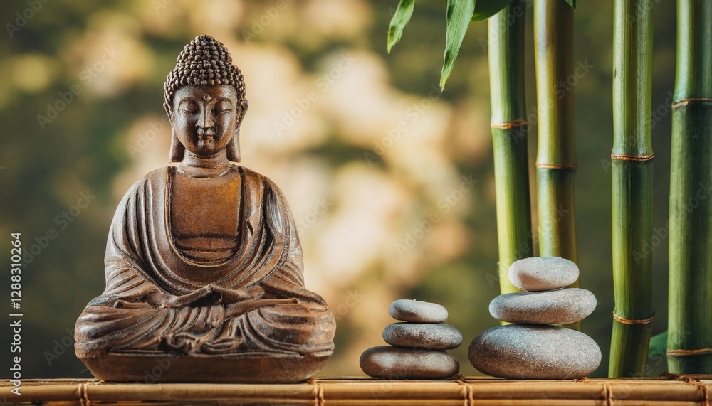 Buddha statue on balanced stones with bamboo background for tranquility ...