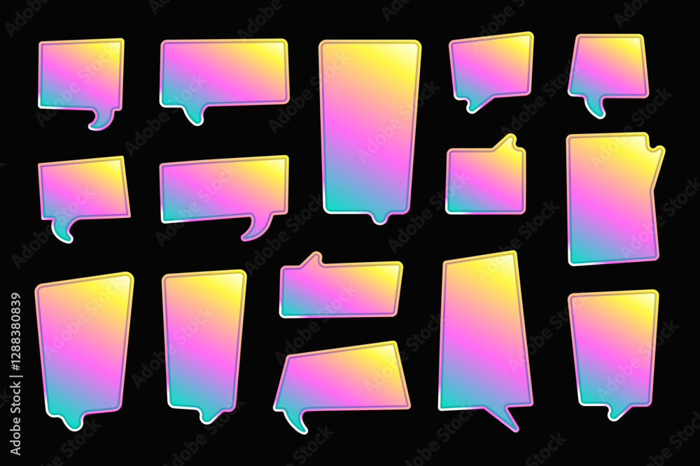 Gradient bright text boxes and speech bubbles, bold frames, stickers ...