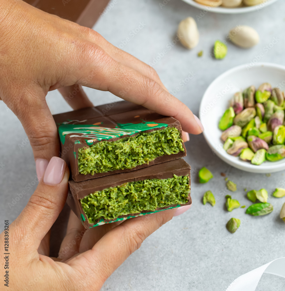 delicious pistachio and kataifi Dubai chocolate bar Stock Photo | Adobe ...