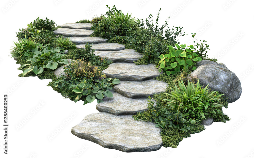 Curved stone pathway with greenery, isolated on transparent cutout ...