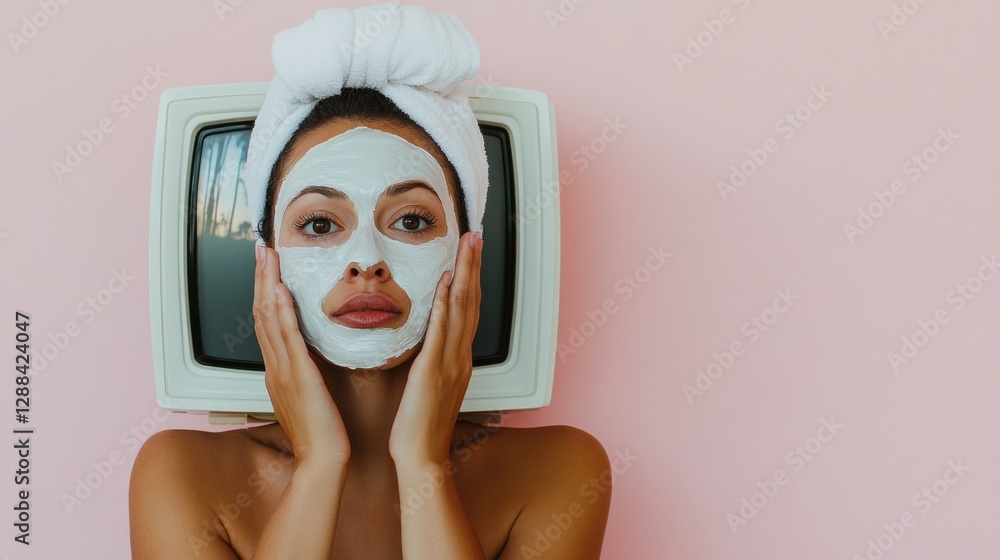 90s Digital Aesthetic in Modern Skincare CRT TV Backdrop with Face Mask ...